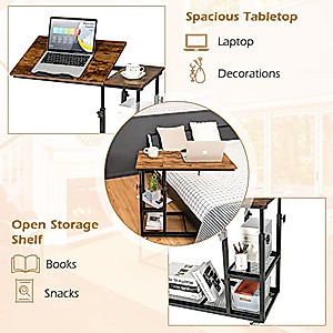 Tangkula Height Adjustable C Shaped End Table with Lockable Wheels, Mobile Couch Desk Table with Tiltable Table Top, Sofa Bedside Laptop Stand TV Tray with Storage Shelves, Snack Side Table