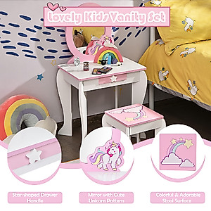 Costzon Kids Vanity Set with Mirror, 2 in 1 Wooden Princess Makeup Dressing Table with Detachable Top, Toddler Girls Vanity with Drawer & Stool, Pretend Play Vanity Set for Little Girls, White