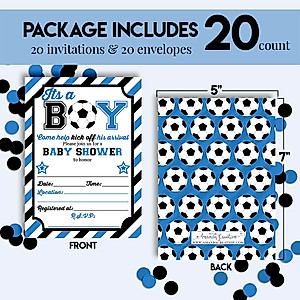 Blue & Black Kick Off His Arrival Soccer Themed Baby Sprinkle Baby Shower Invitations for Boys, 20 5x7 Fill In Cards with Twenty White Envelopes by AmandaCreation
