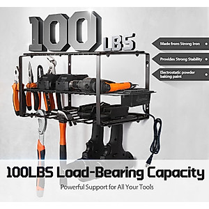 3-Tier Power Tool Organizer, Wall Mount Tool Holder with Charging Station, 4 Drill Holder Heavy Duty Metal Tool Shelf for Tool Storage Garage Workshop Tool Rooms