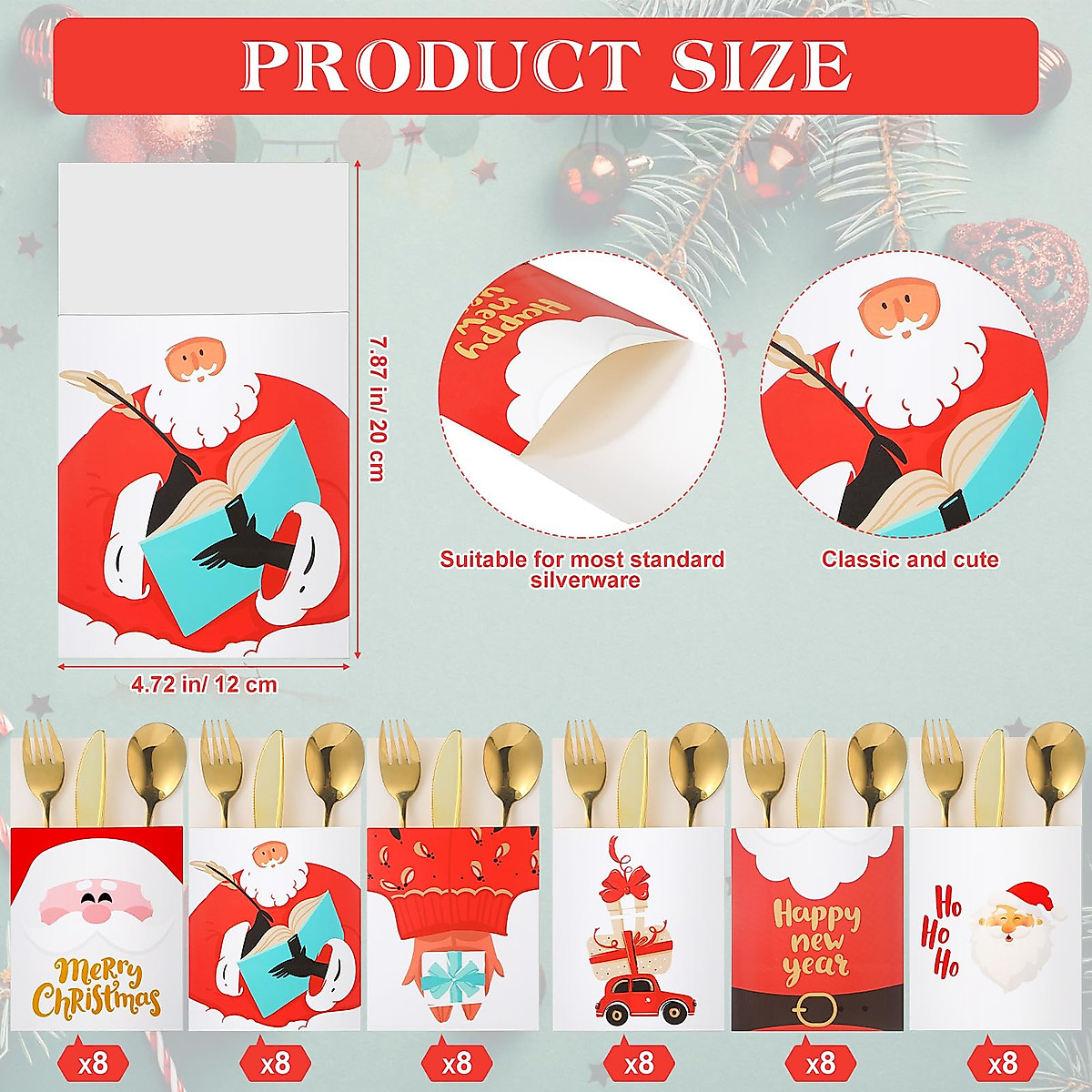 Zhanmai 48 Pcs Christmas Santa Claus Silverware Holders Xmas Utensil Holder Pockets Christmas Cutlery Holder Claus Tableware Holder Bags Knifes Forks Bag for Holiday Christmas Table Setting Decoration