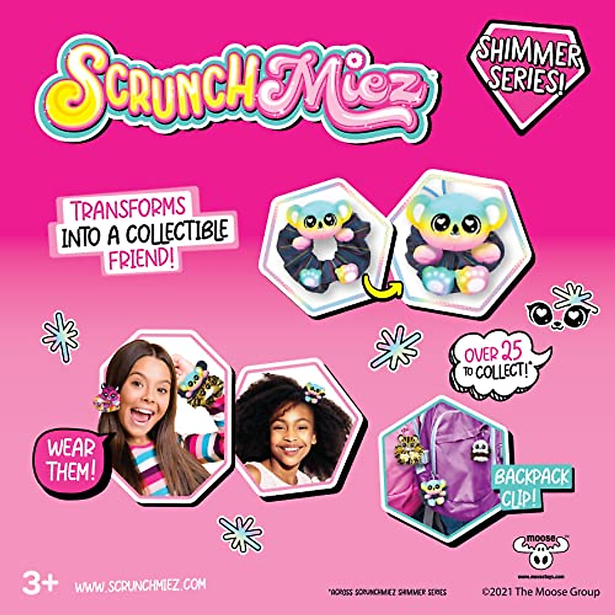 SCRUNCHMIEZ 96553 Seven Pack, Exclusive Magically transforms from Hair Scrunchie to Cute Plush Friend as Well as Backpack Clip. So Many Characters to Collect & wear