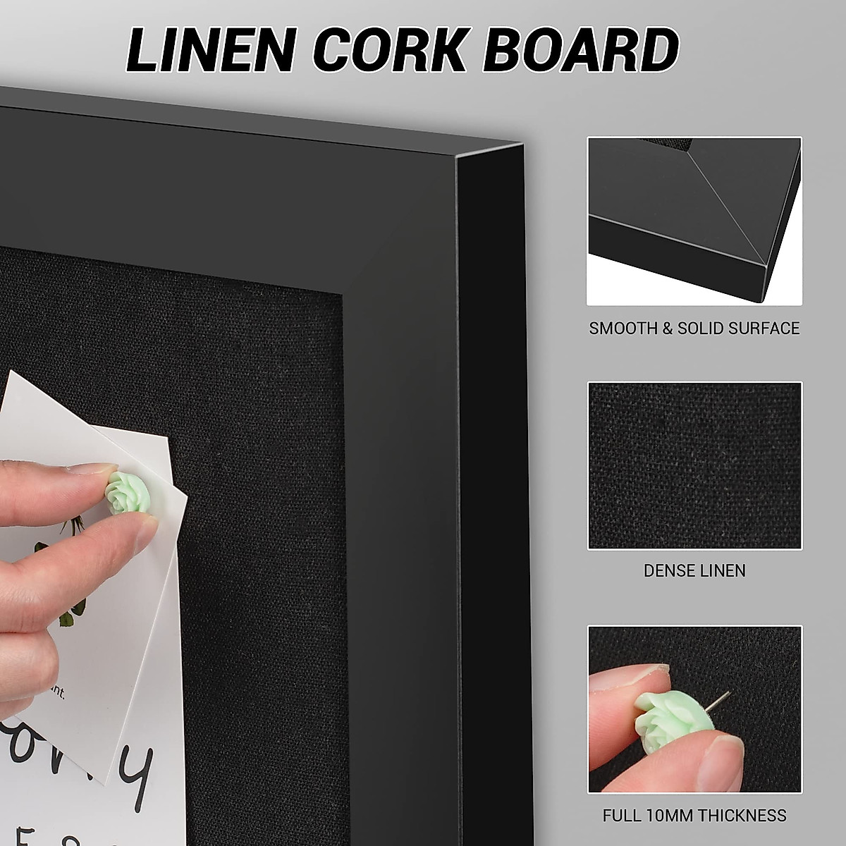 Board2by Black Cork Board Bulletin Board with Linen, Wood Framed 30" x 20" Corkboard, Office Board for Wall Decor, Wall Mounted Pin Board Picture Board with 20 Pushpins for School, Home & Office