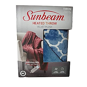 Sunbeam Premium-Soft Velvet Plush Electric Heated Throw Blanket, Machine Washable Dryer Safe, (Blue)