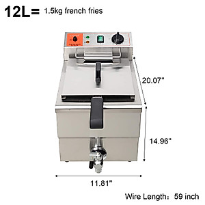 Valgus 1750W Stainless Steel Electric Deep Fryer 12L Large Capacity Countertop Kitchen Frying Machine with Basket & Lid, Drain System