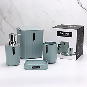 IMAVO Bathroom Accessory Set,4-Piece Bathroom Decor Set,Soap Dish,Soap Dispenser,Toothbrush Cup,Mini Trash Can with Lid,Bathroom Accessories Set Complete with Small Desktop Trash Can(Blue)