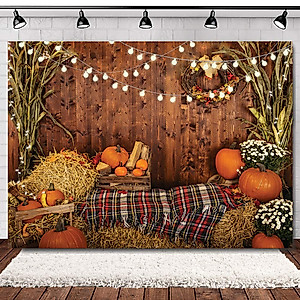 WOLADA 7x5FT Fall Backdrops for Photography Thanksgiving Backdrop Fall Haystack Photo Backdrop Farm Harvest Backdrop Pumpkin Barn Vintage Wooden Plank Background Newborn Photo Backdrop 12480