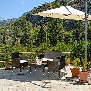 Goplus 4-Piece Rattan Patio Furniture Set, Garden Lawn Pool Backyard Outdoor Sofa Wicker Conversation Set with Glass Coffee Table, Loveseat & 2 Cushioned Chairs