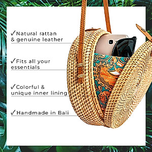 Rattan Bags for Women - Handmade Wicker Woven Purse Handbag Circle Boho Bag Bali (Brown Small)