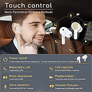 Wireless Earbuds Bluetooth 5.3 Headphones Touch Control with Charging Case IPX7 Waterproof Immersive 3D Stereo Sound in-Ear Earphones Built-in Mic Noise Cancelling for iPhone/Samsung/iOS/Android