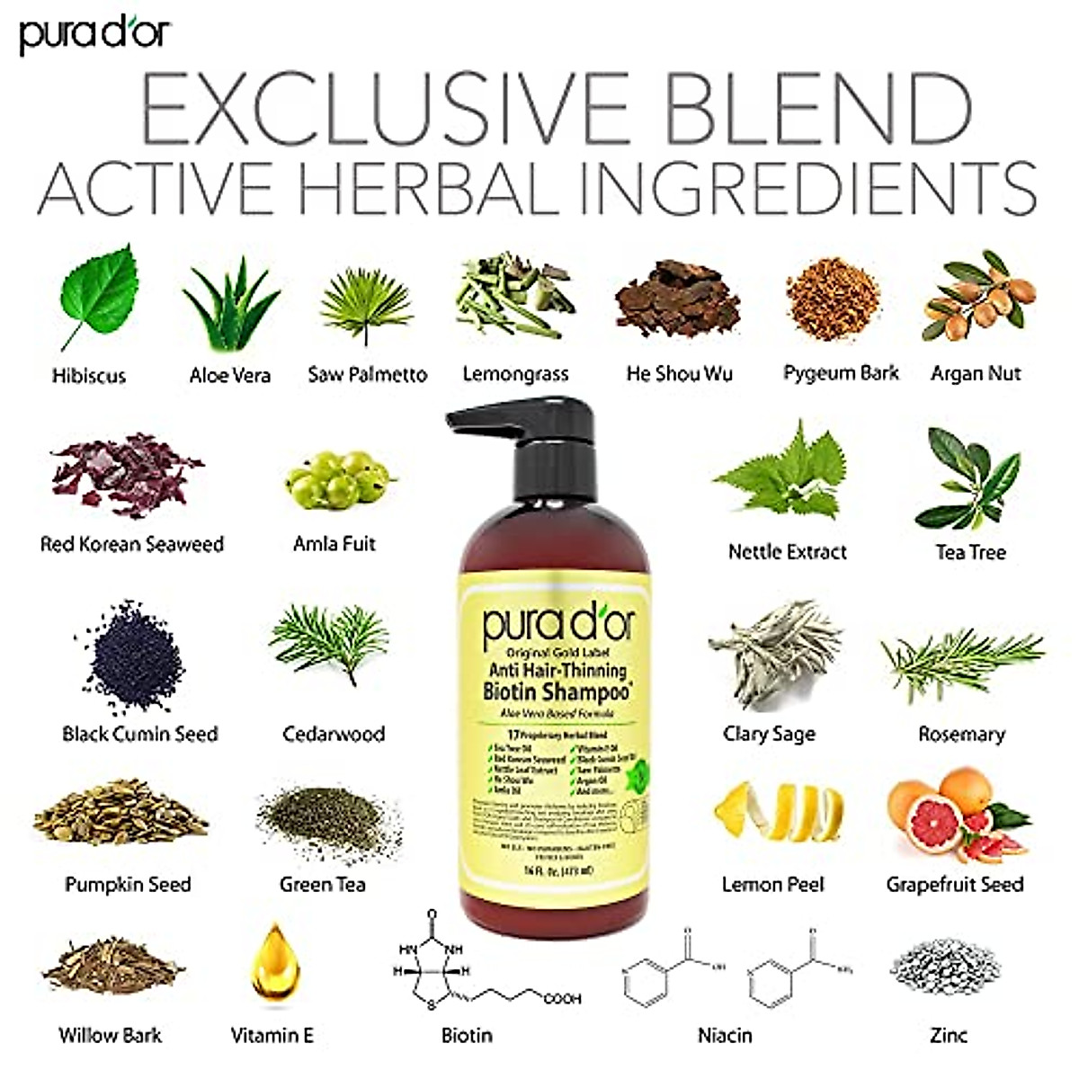 PURA D'OR Anti-Thinning Biotin Shampoo and Conditioner, CLINICALLY TESTED Proven Results, DHT Blocker Thickening Products For Women & Men, Color Treated Hair, Original Gold Label Hair Care Set 16oz x2