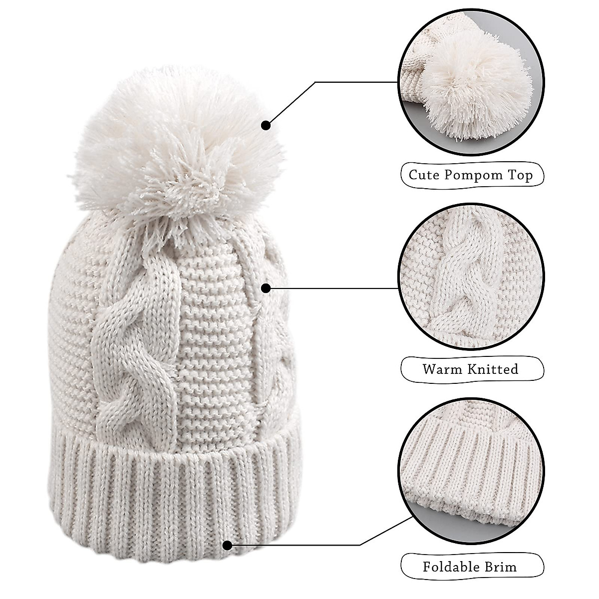 JANGANNSA Winter Knit Baby Hat Twist Warm Beanie for Boys Girls Infant Toddler Baby Beanie with Pompom (0-6 Months,Ivory White)