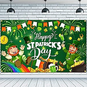 JKQ Happy St. Patrick's Day Backdrop Banner 71 x 43 Inch Large Size Saint Patrick's Day Background Banner Shamrock St. Patty's Day Party Decorations Irish Lucky Day Indoor Outdoor Photo Booth Props