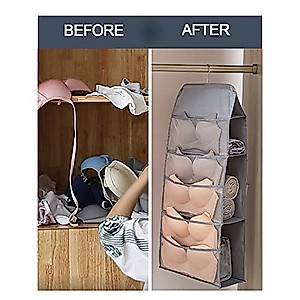 DOMEZO Dual-Sided Closet Hanging Organizer with Rotating Metal Hanger and Mesh Pockets for Underwear, Bras, Socks, Towels, Handbags, Stockings Storage, Oxford Hanging Bags (3+5+15 Pockets, Grey)