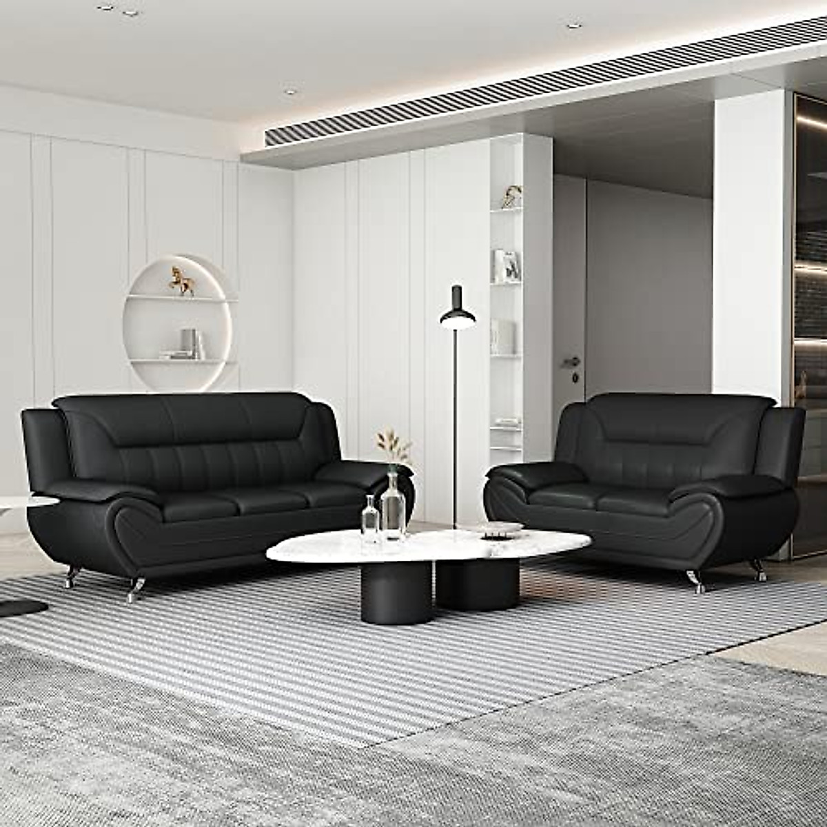 Container Furniture Direct Michael Modern Faux Leather Upholstered Stainless Steel Legs Living Room Loveseat, Midnight Black