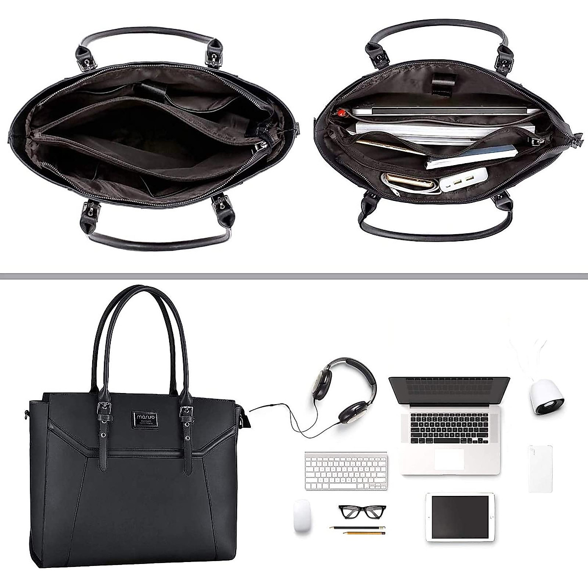 MOSISO 17 inch Women Laptop Tote Bag with Shockproof Compartment, Black