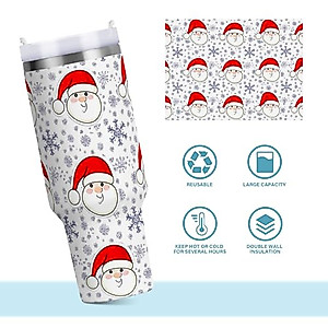 40 Oz Cute Christmas Santa Claus Insulated Water Bottle with Straw and Handle, Insulated Vacuum Tumbler Travel