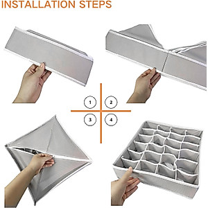 3 Sets of Sock and Underwear Storage Dividers, 72 Compartment Fabric Foldable Drawer Organizer, Closet Drawer Organization for Socks, Underwear, Belts and Ties (24+24+24 Cell, Light Gray)