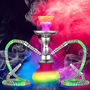 2 Hose Hookah Set 11'' Small Shisha Hookah Set With Mini Pumpkin Glass Vase, Ceramic Bowl, Leather Hose, Coal Tong, Hookah Foil, Disposable Tips (Colorful)