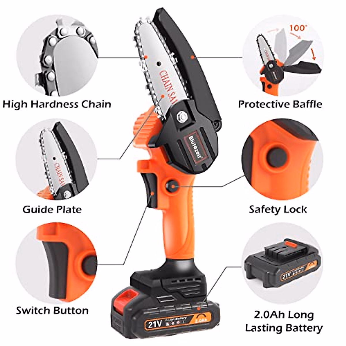 Blütezeit Mini Chainsaw Cordless, 4-Inch 21V Battery Power Chainsaw, Compact Handheld Electric Chainsaw Rechargeable for Wood Cutting, Branch Pruning, Tree Trimming (2 Batteries & 2 Chains Included)