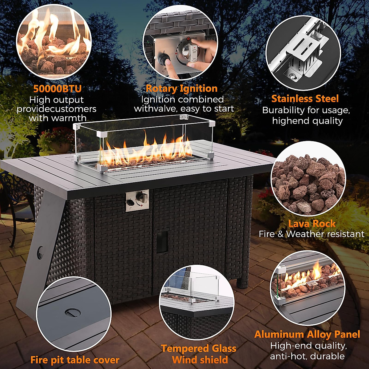 8 Pieces Outdoor Patio Furniture Set with 46" Propane Fire Pit Table, Brown PE Wicker Patio Furniture Sectional Sofa, 55,000 BTU Auto-Ignition Firepit w/Glass Wind Guard