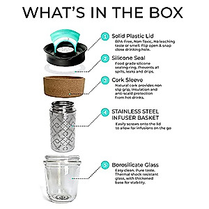 Reusable Glass Cup + Stainless steel Tea Infuser & Twist on Lid - Microwavable Travel Coffee Mug - Cork Sleeve - 18oz Portable Cold Brew maker - Loose Leaf Diffuser + Brewing Tumbler togo