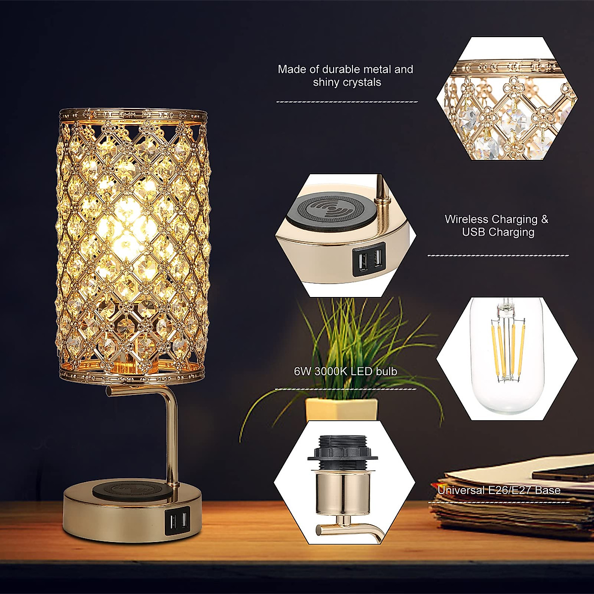 Neoglint Crystal Table Lamp - Gold Bedside Lamps with USB Port & Wireless Charger, Modern 3 Way Dimmable Nightstand Touch Lamps for Bedrooms Living Room(6W Bulb Included)