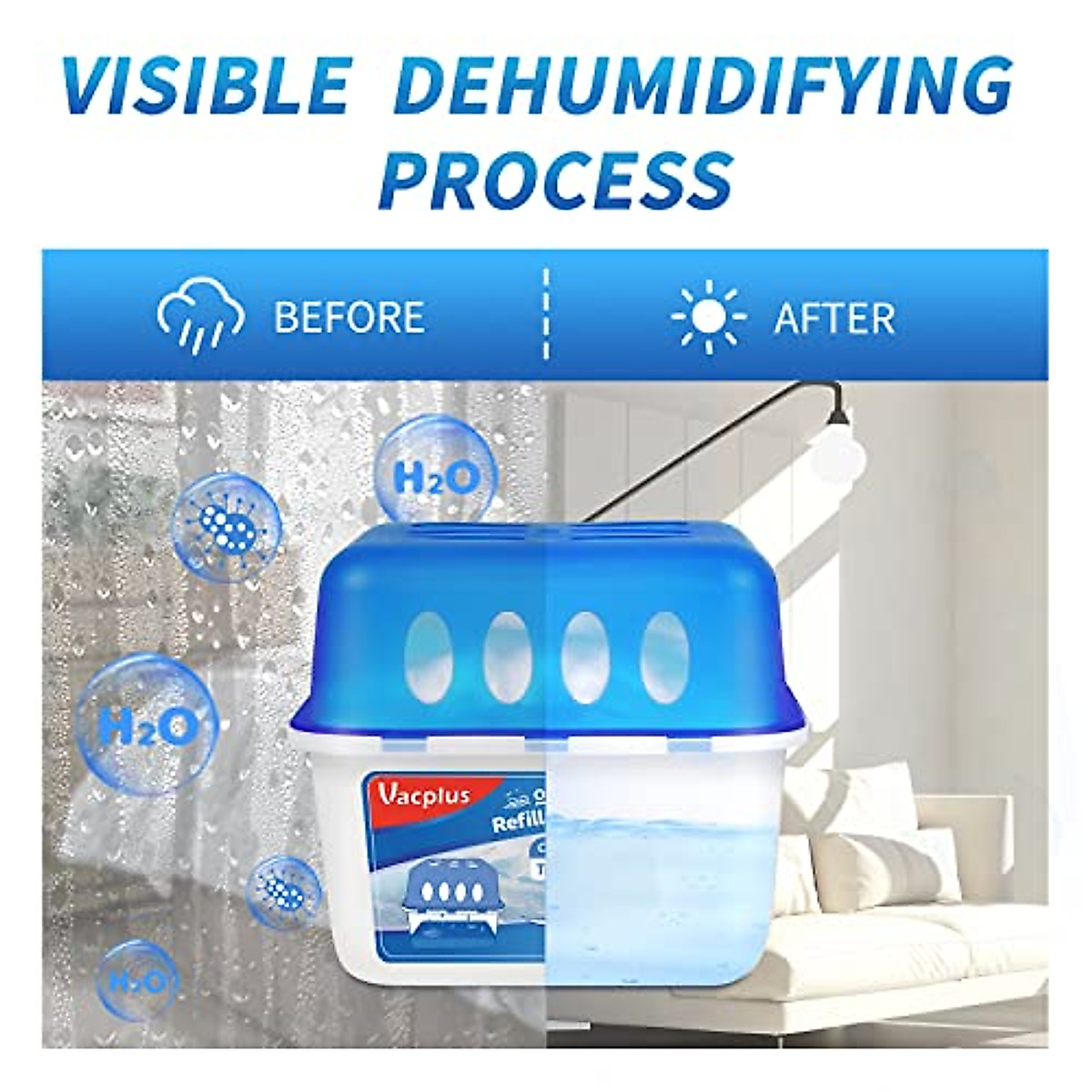 Vacplus Moisture Absorbers, Reusable Dehumidifiers for Closet, Moisture Absorbers for Rooms with Visible Dehumidification, Humidity Absorber Boxes & Odor Removers, 14OZ, 4 Pack (Ocean Breeze Scent)