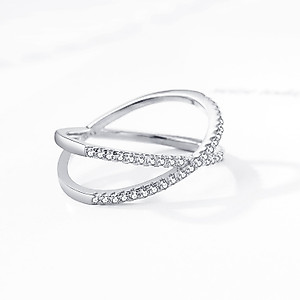 X ring Sterling Silver, Cubic Zirconia X Criss Cross Ring for Women, Mothers Day Jewelry for Wife Girlfriend, Present for Her, Size 6-8 (white-gold-plated-silver, 6)