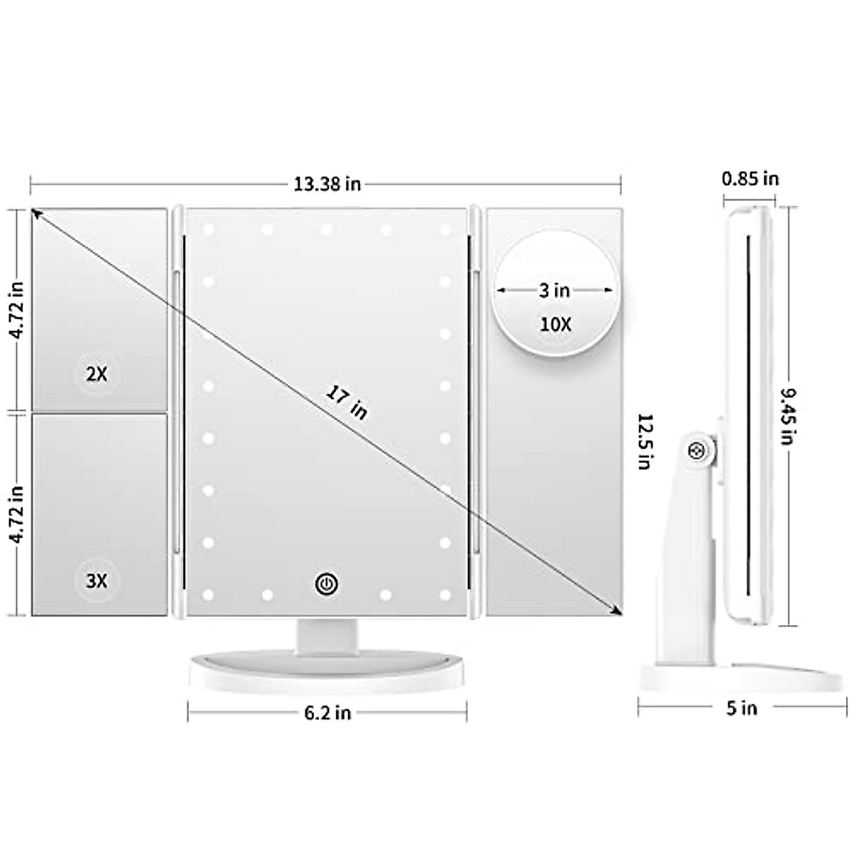 Vanity Mirror with Lights, Lighted Makeup Mirror with 2X 3X 10X Magnification, 21 LED Trifold Compact Touch Dimming Light Up Mirror, Dual Power Supply, Gifts for Women (White)