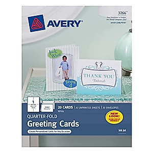 Avery Printable Greeting Cards, Quarter-Fold, 4.25" x 5.5", Matte White, 20 Blank Cards with Envelopes (3266)