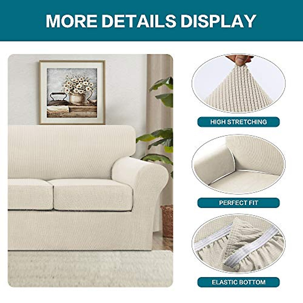 4 Piece Sofa Covers For 3 Cushion Couch Sofa Slipcover Soft Couch Cover For Dogs-Washable Sofa Furniture Covers With 3 Individual Cushion Covers,Feature Jacquard Fabric(3 Cushion Sofa, Biscotti Beige)