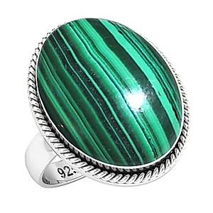 JEWELOPORIUM 925 Sterling Silver Ring for Women Size 7 Green Genuine Malachite Stone Solitaire Silver Ring New Year Gift Costume Jewelry