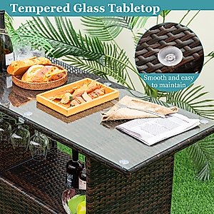 Tangkula Outdoor Bar Set, 3 Pieces Patio Wicker Bar Height Table and Chair Set with 3 Rows Stemware Racks, Hidden Storage Shelf, Tempered Glass Tabletop, 2 Stools for Backyard, Poolside (Mix Brown)