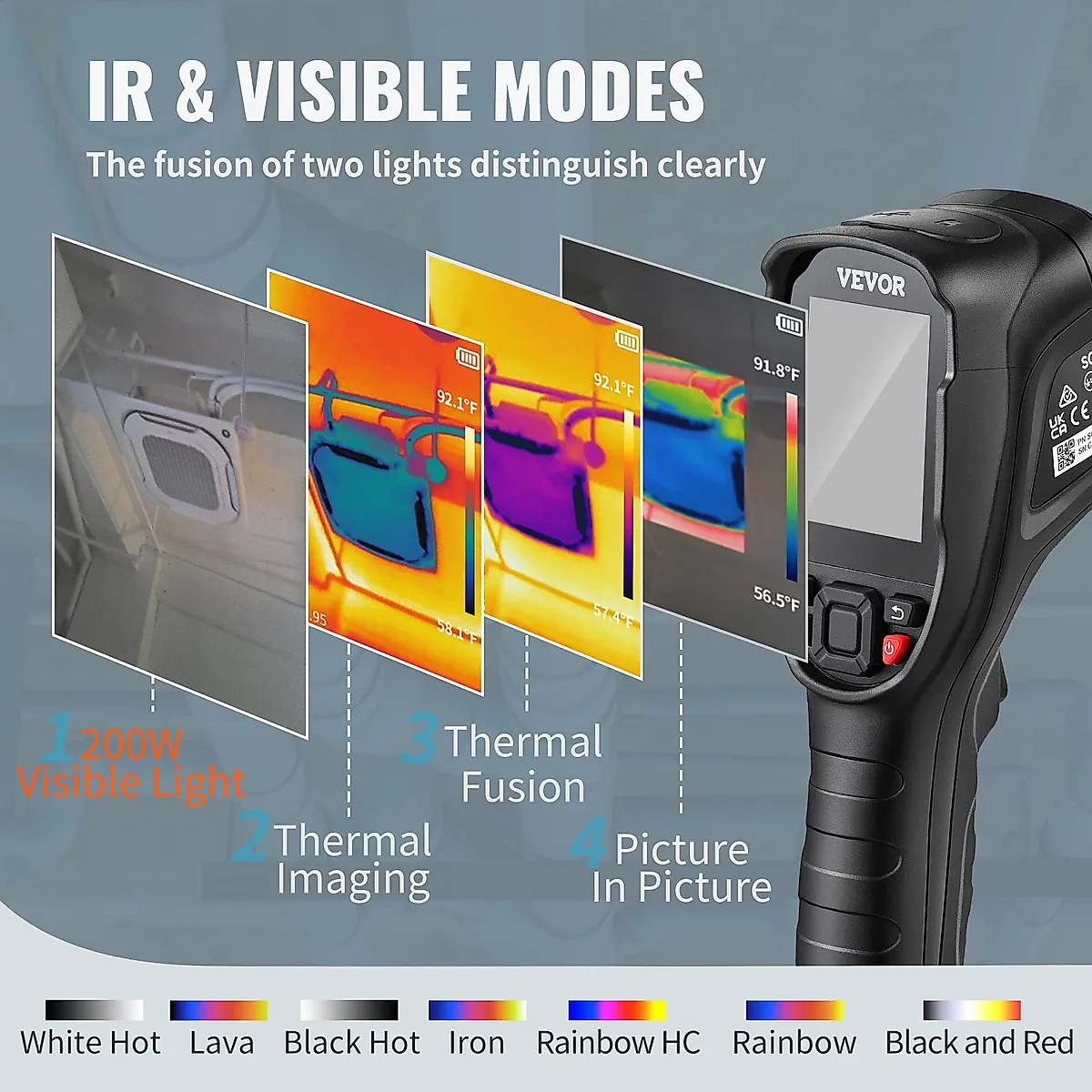 VEVOR Thermal Imaging Camera, 240x180 IR Resolution with 2MP Visual Camera, 20Hz Refresh Rate Infrared Camera with -4℉~1022℉ Temperature Range, 64G Built-in SD Card and Rechargeable Li-ion Battery