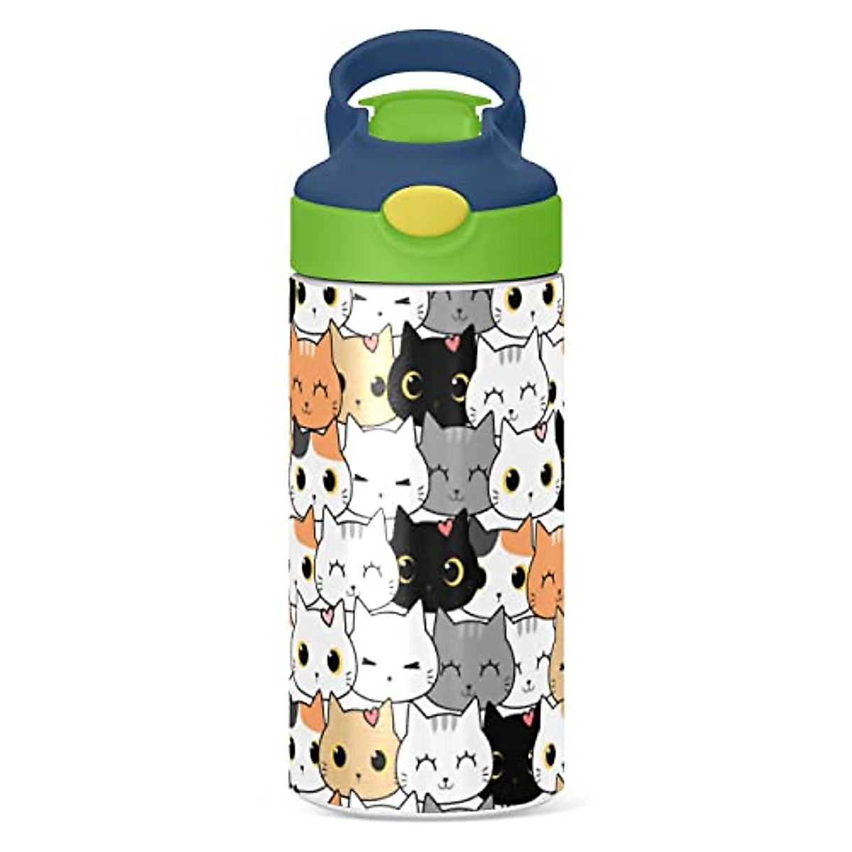 MCHIVER Cute Cat Kitten Cartoon Kids Water Bottle with Straw Insulated Stainless Steel Kids Water Bottle Thermos for School Girls Boys Reusable Tumbler 12 oz / 350 ml Green Top