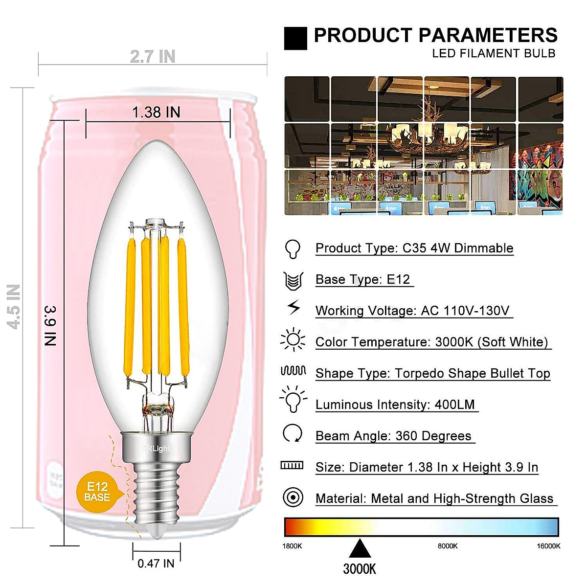 CRLight 3000K Dimmable LED Candelabra Bulb 4W Soft White, 40W Equivalent 400LM E12 LED Chandelier Bulbs, B11 Clear Glass Candle Torpedo Shape, 6 Pack