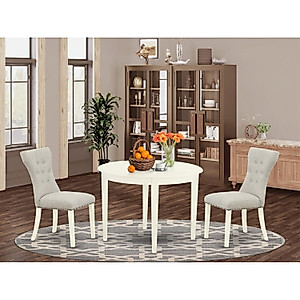 East West Furniture BOGA3-WHI-35 3 Piece Dining Table Set for Small Spaces Contains a Round Kitchen Table and 2 Doeskin Linen Fabric Parson Dining Chairs, 42x42 Inch, Linen White