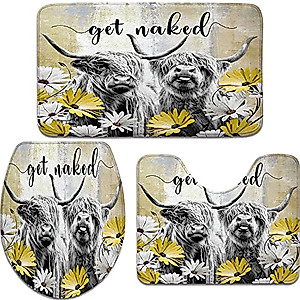 Bcsewcg Get Naked Floral Shower Curtain and Bath Mat Set, Farmhouse Highland Cow Funny Western Bull Bathroom Mat Set with Contour Toilet Mat, Mat and Toilet Lid Cover 69x70 Inch
