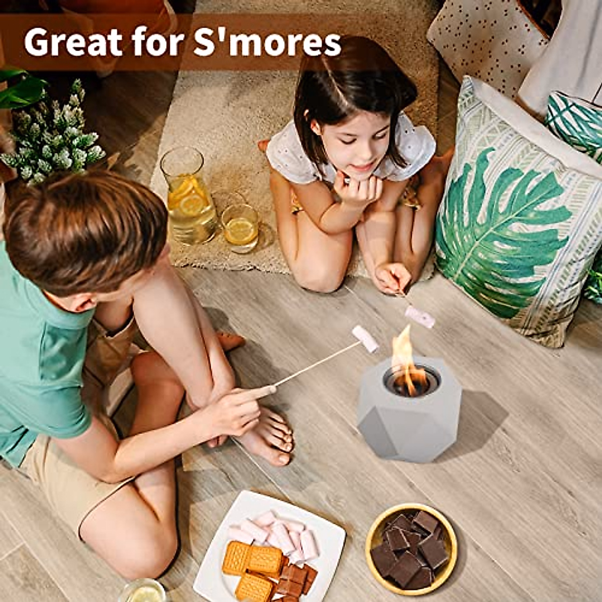 KIZZBY Table Top Fire Pit Bowl - Concrete Tabletop Fireplace Indoor Outdoor Decor Portable Rubbing Alcohol Burner Smores Maker for Patio Balcony with Extinguisher