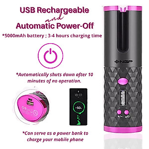 NGP Automatic Hair Curler, Cordless Auto Hair Curler with 6 Temps & Timers & LCD Display, Portable Wireless Hair Curler, Rechargeable, Self-Hair Curling Iron for Lasting Shiny Curls