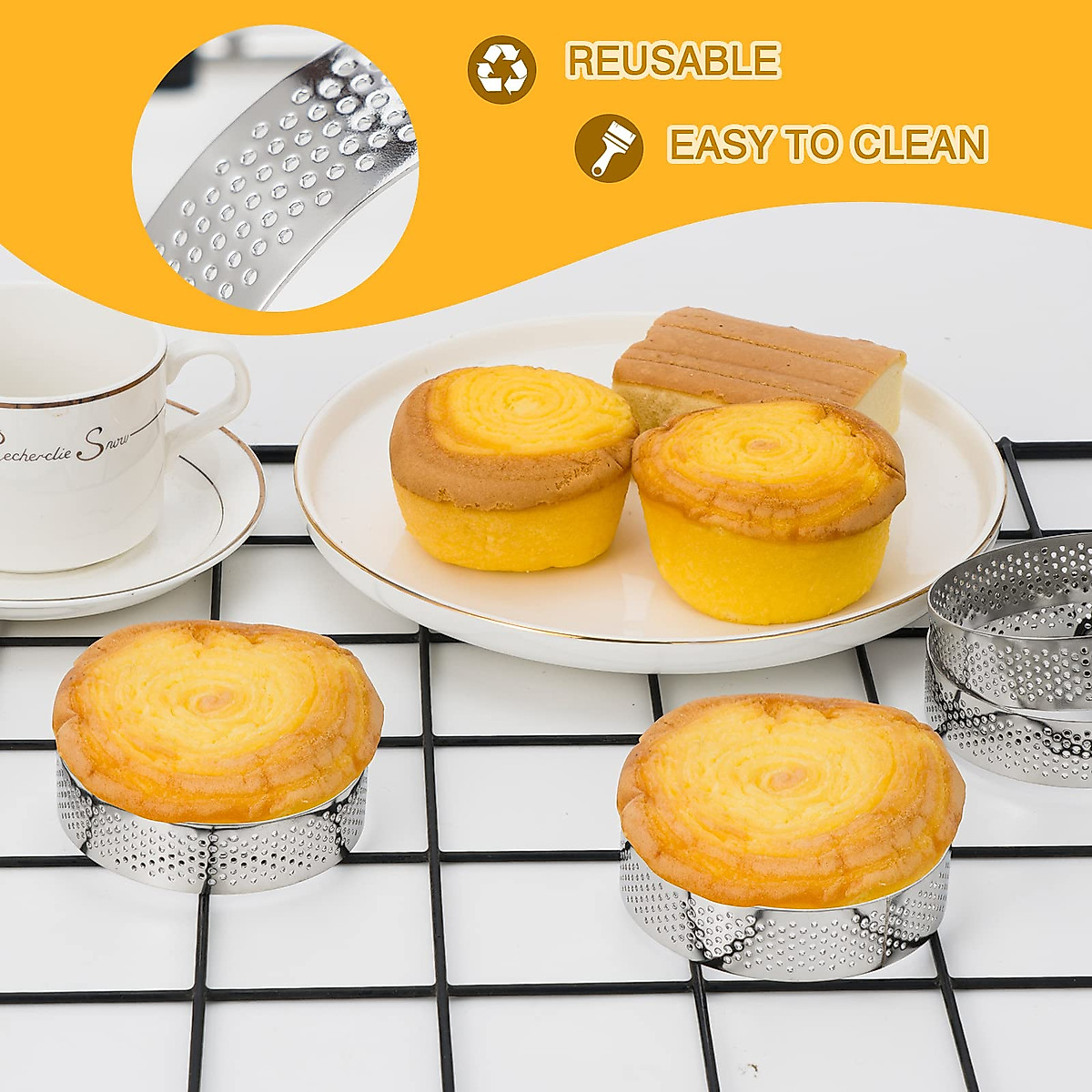 Katisun 5 Pack 3.15 Inch Round Tart Rings Stainless Steel Tart Pastry Rings with Hole cake mold ring for Baking Perforated Circle Tartlet 3 inch