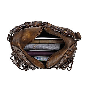 ZLYC Women's Leather Bamboo Hand Strap Featured Fringe Bohemian Tassel Studed Cross Body Bag (Brown)