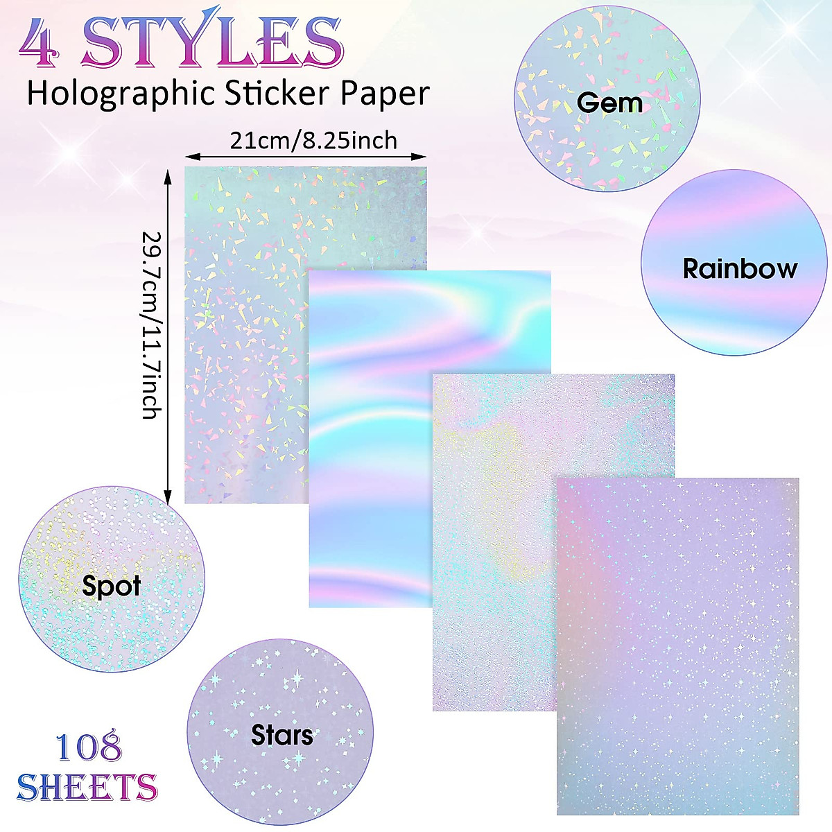 108 Sheets Holographic Sticker Paper Clear A4 Vinyl Sticker Paper Holographic Laminate Sheets Adhesive Holographic Overlay Waterproof Transparent Film with Gem, Colorful, Dot, Star, 11.7 x 8.3 Inch