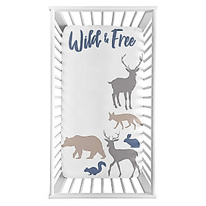 Sweet Jojo Designs Woodland Animals Boy Fitted Crib Sheet Baby or Toddler Bed Nursery Photo Op - Blue, Grey and Tan Wild and Free Bear Deer Fox