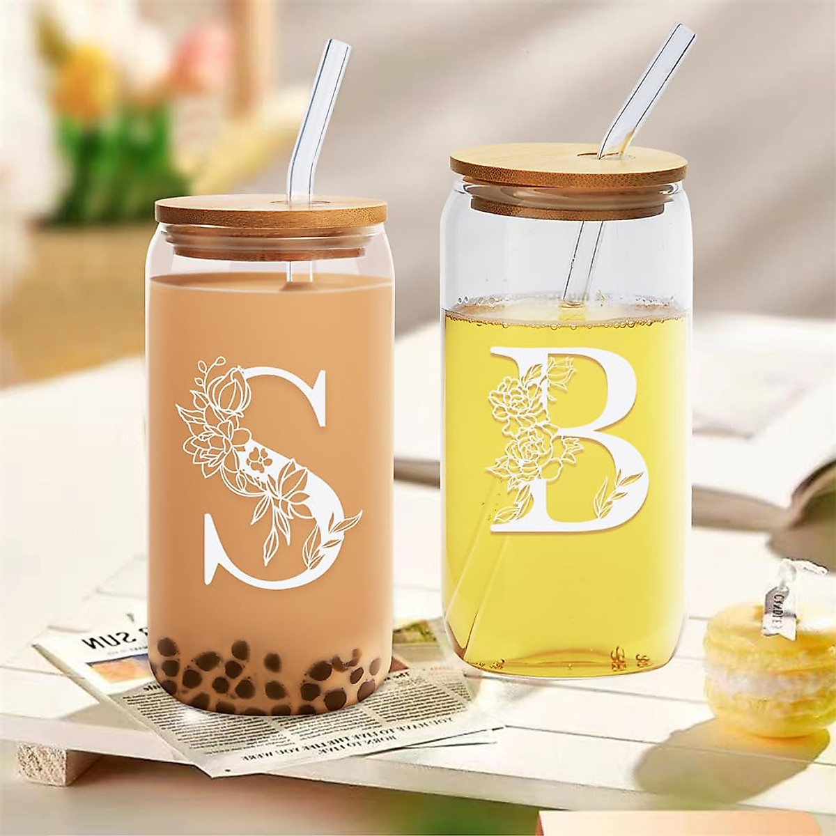 Glass Cup Birthday gifts for Women Personalized Monogram Gift for Women - 16 oz Clear Bamboo Glass Cups with Lid Straws Gifts for Mothers Day for Friends Teacher Nurse Mom Sister Aunt Letter S