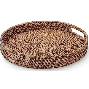 16.9 inch Rattan Tray, Round Wicker Tray with Cut-Out Handles, Woven Serving Tray for Dining/Coffee Table