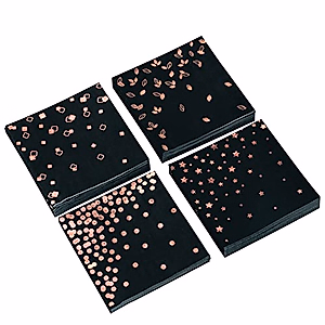 100 Black and Rose Gold Napkins - 4 Assorted Designs, 3-Ply Cocktail Napkins Folded 5x5 Inches Bar Napkins Disposable Beverage Party Napkins Paper Napkins Dinner for Wedding Birthday