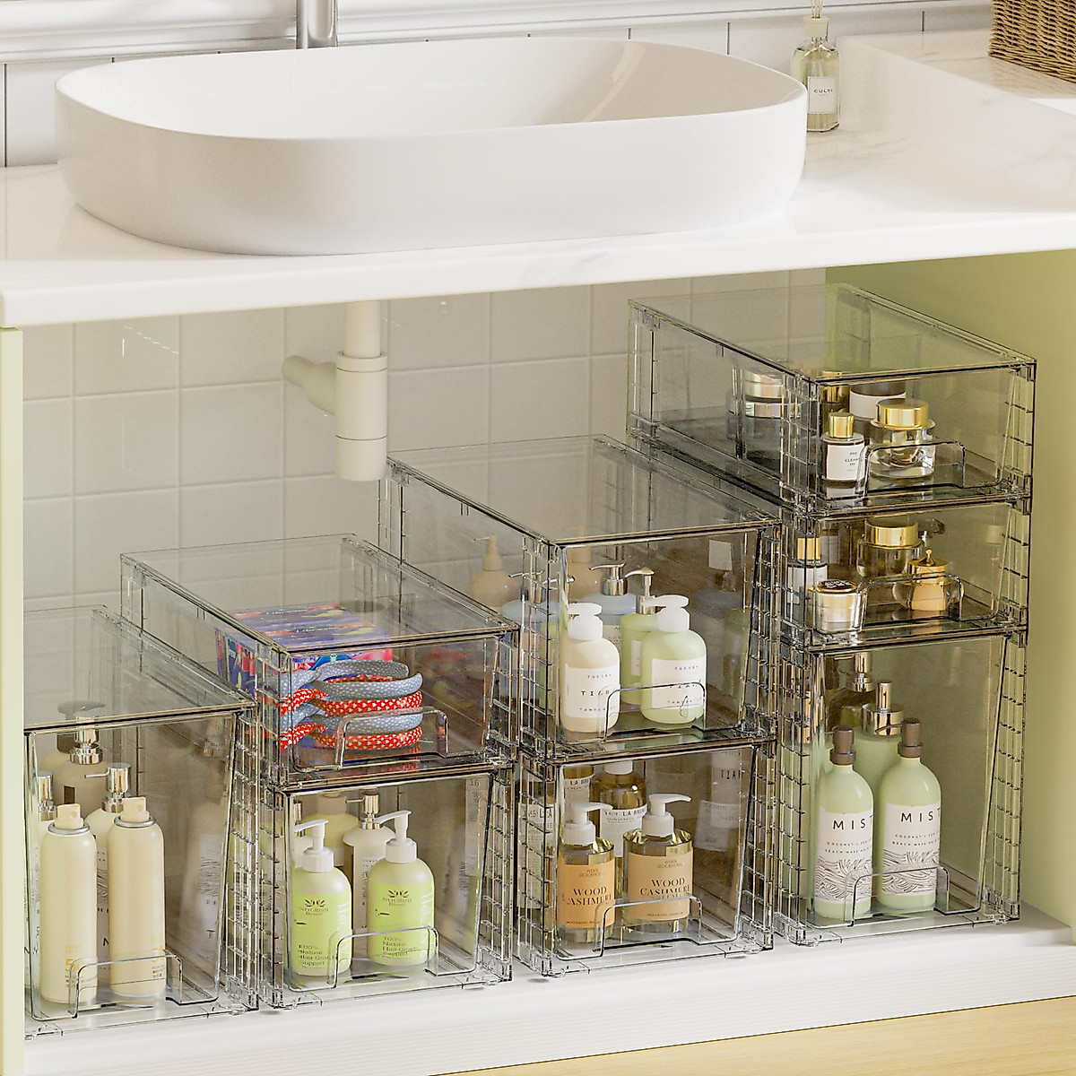 Vtopmart 3 Pack Clear Stackable Storage Drawers,Easy to Assemble Bathroom Organizers and Storage with handles,Plastic storage drawers for Kitchen Pantry,Cabinet,Under Sink Organization