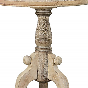 Homxi End Table 18" L x 18" W x 18" H,Intricately Carved Round Top Mango Wood Side End Table with Pedestal Base, Brown and White End Table for Living Room